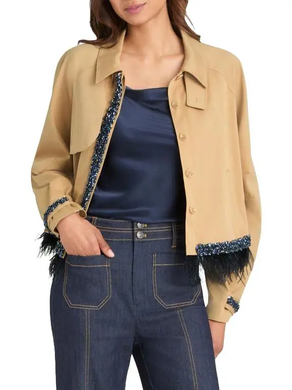 Cinq À Sept Carmila Crop Trench Coat With Sequins And Feather Details - Khaki/navy