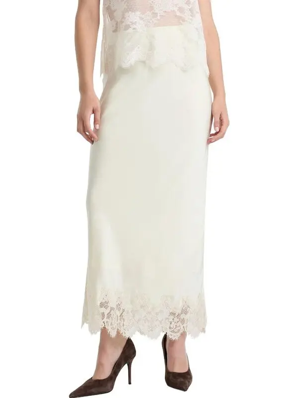 Bardot Elisan Lace Trim Satin Midi Skirt - Ivory