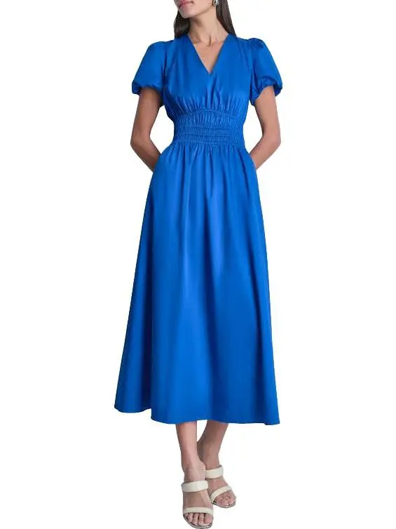 Dkny V-neck Smocked Midi Dress - Cobalt