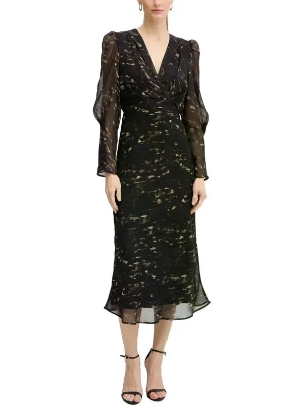 MORGAN V-neck Puff Sleeve Midi Dress - Black