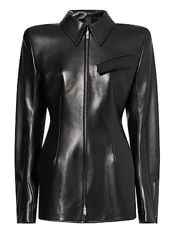 MUGLER Collared Cinched-waist Leather Jacket - Black