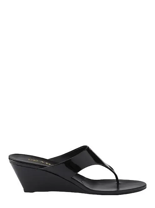 Prada Patent Leather Thong Wedge Sandals - Black