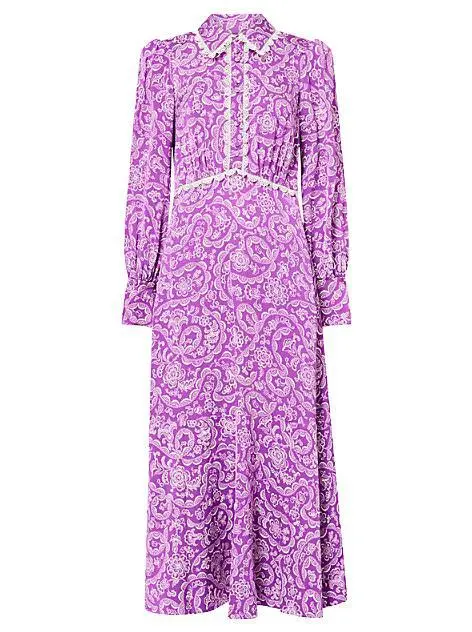ME+EM Floral-print Lace-trim Fit-and-flare Crepe Maxi Dress - Purple/green