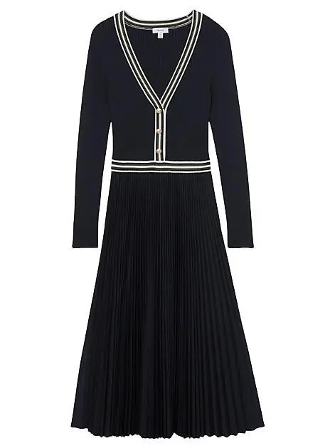 REISS Gaia Pleated Knitted Midi Dress - Navy