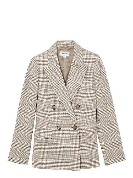 REISS Maxwell Checked Double-breasted Blazer - Neutral