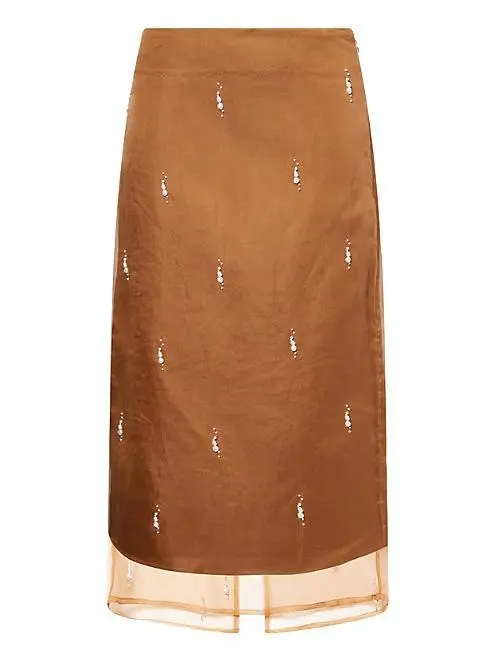 ROHE FRAMES Pearl-embroidered Silk Midi Skirt - Cognac