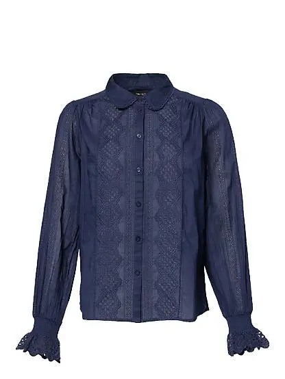 ME+EM Broderie Trim Cotton-voile Shirt - Bright Navy