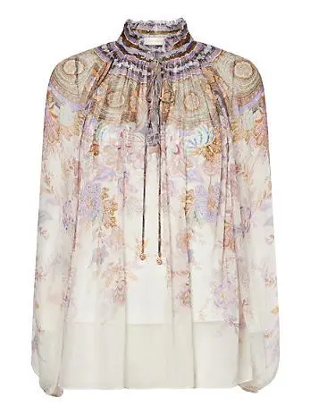 Zimmermann Luna Printed Woven Blouse - Cream Blue Paisley