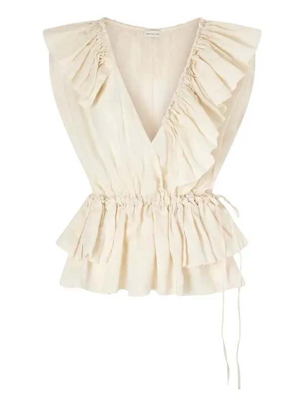 Dries Van Noten Ruffled Gathered Ramie Top - Ivory