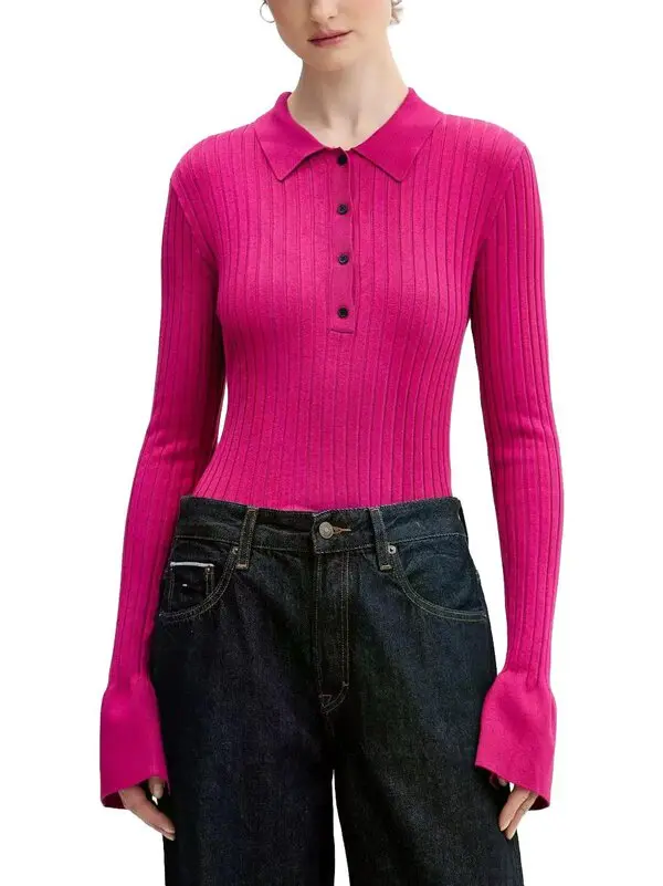 Karl Lagerfeld Ribbed Buttoned Polo Top - Pink