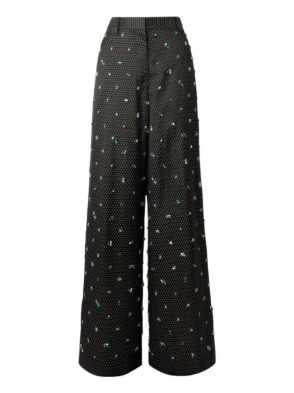 Dries Van Noten Embellished Satin-jacquard Wide-leg Pants - Black