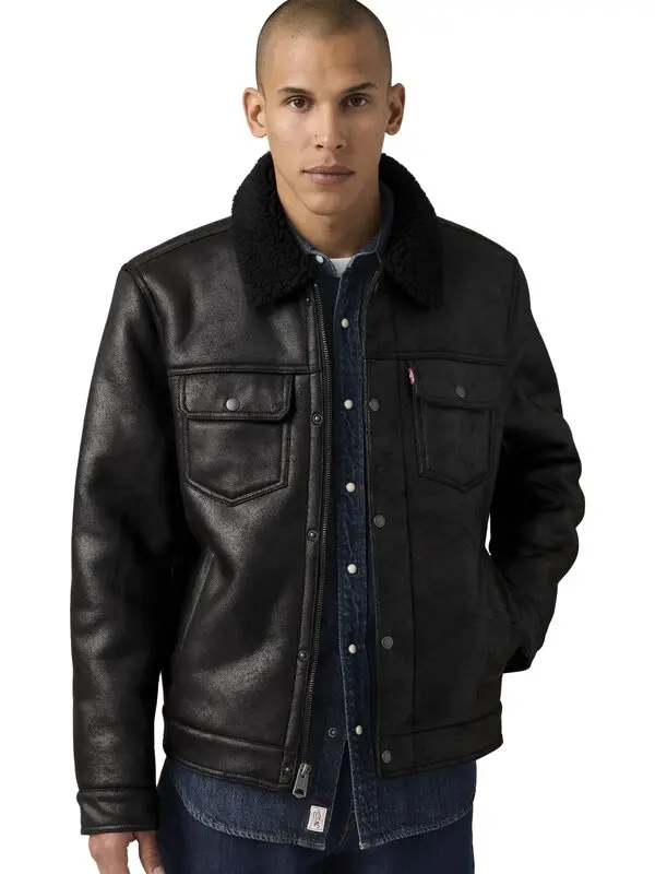 LEVI'S Two Chest Pocket Faux Shearling Collar Jacket - Black