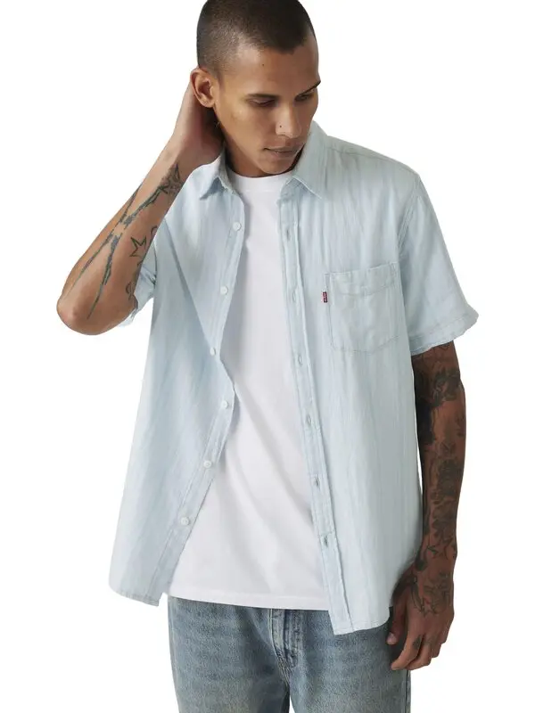 LEVI'S Short Sleeve Sunset Cotton Linen One Pocket Shirt - Eddie Stripe Niagara Mist