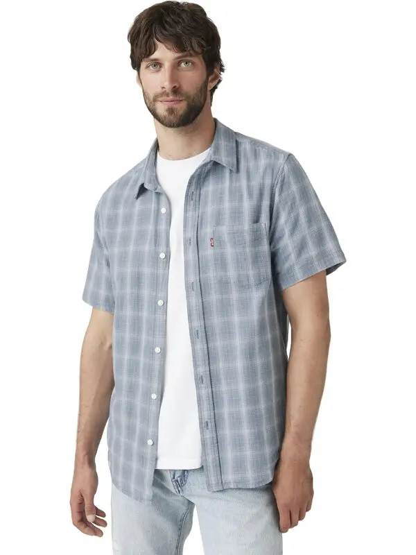 LEVI'S Short Sleeve Sunset Cotton Linen One Pocket Shirt - Leon Plaid Bright White