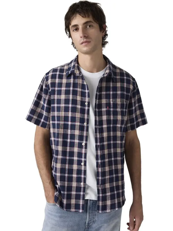 LEVI'S Short-sleeve Sunset One Pocket Cotton Linen Shirt - Sintra Plaid Dress Blues