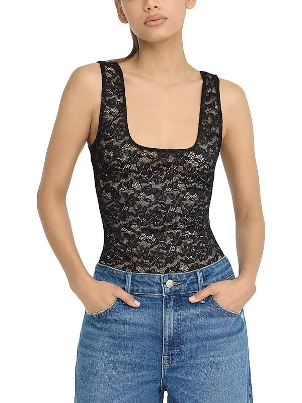 Good American Lace Scoop Tank Bodysuit - Black