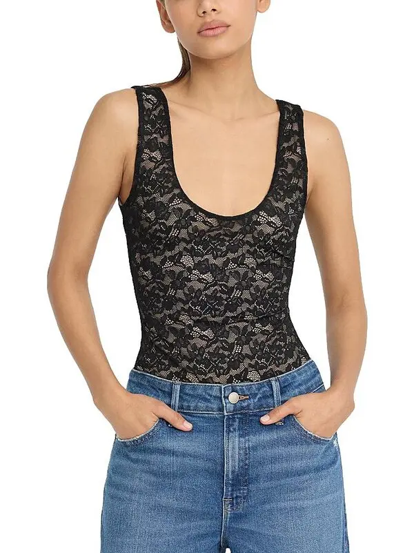 Good American Lace Scoop Tank Bodysuit - Black