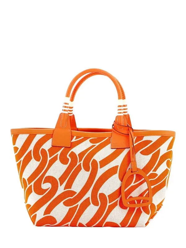 HERMES 25 Sac Steeple Tote Printed Toile With Leather - Orange/ Natural/ Orange