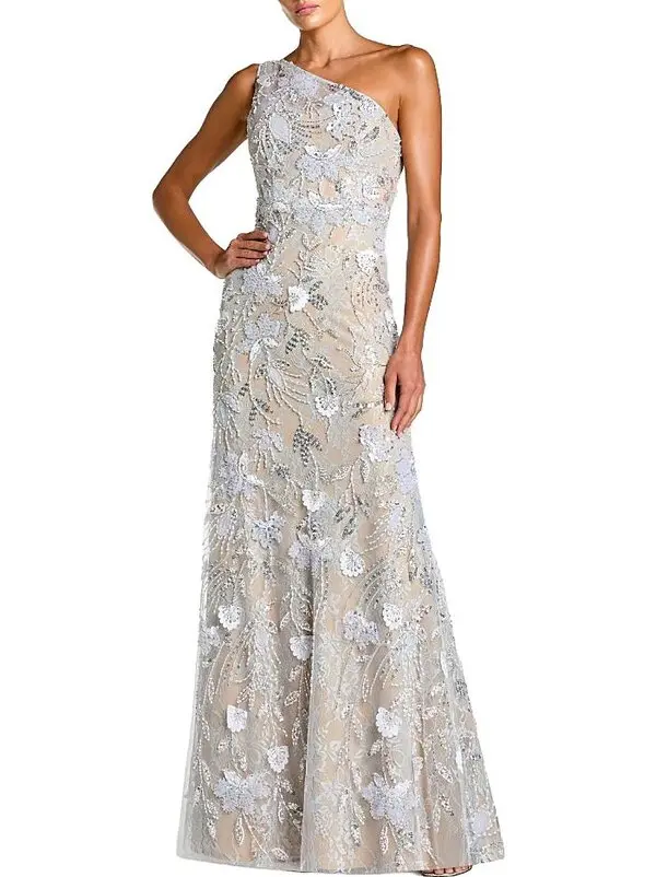 Mac Duggal One-shoulder Embellished Lace Trumpet Gown - Powder Blue