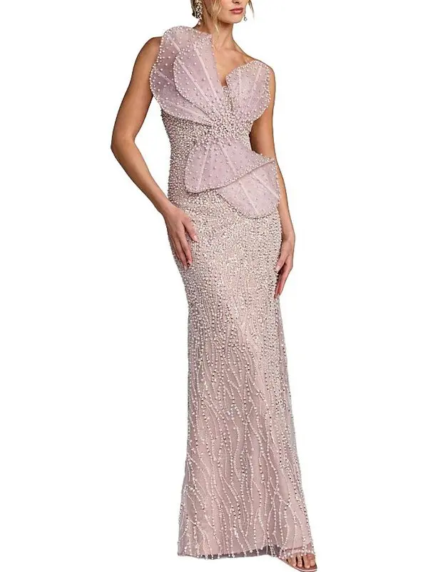 Mac Duggal Sequin Organza Strapless Bow Detail Column Gown - Mocha