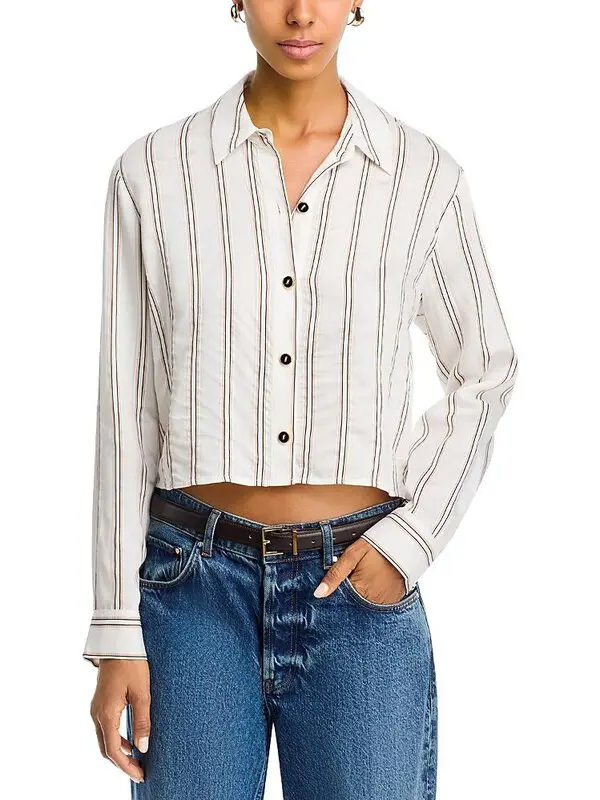 L'Agence Cosette Crop Hi-low Shirt - Ivory/khaki/black Stripe