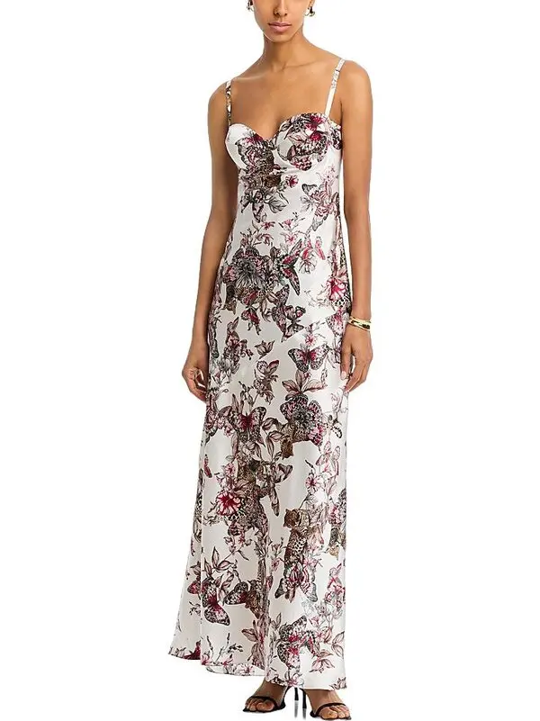 L'Agence Sayla Bias Cut Silk Maxi Dress - White Butterfly Jungle