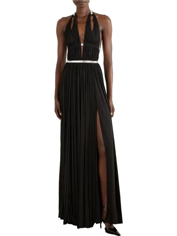 Alaïa Metallic Elaphe-trimmed Pleated Jersey Gown - Black