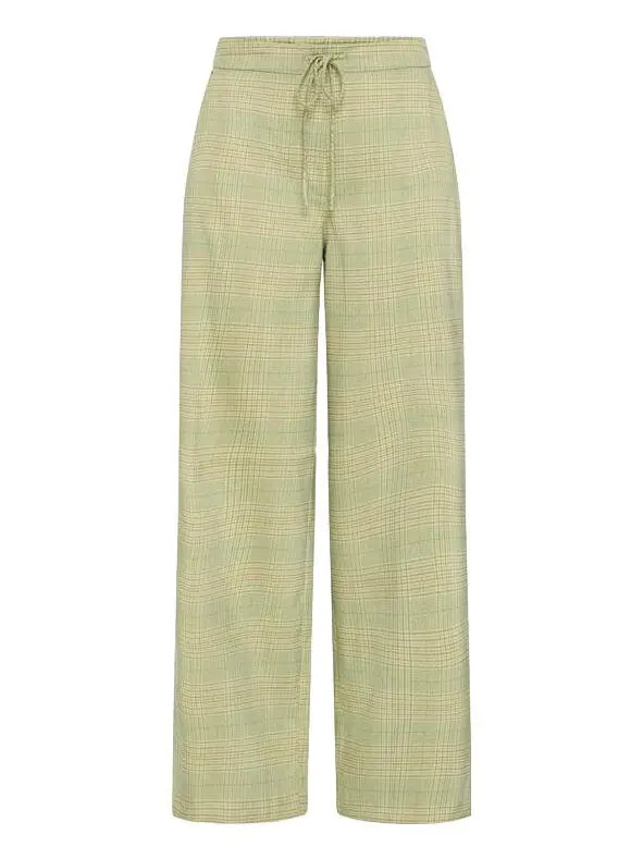 ICHI Ihjoli Plaid Drawstring Straight Leg Pants - Green Check