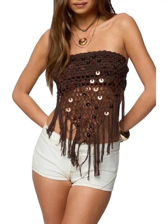 EDIKTED Crochet Open Back Top - Brown