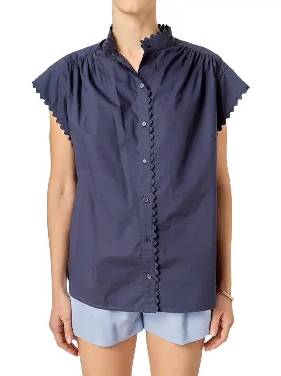 English Factory Rickrack Trim Button-up Cotton Shirt - Navy