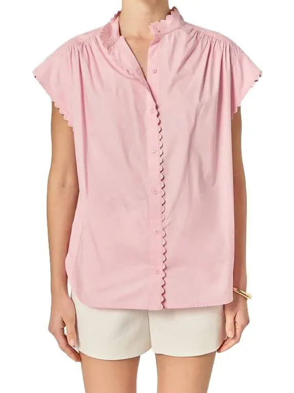 English Factory Rickrack Trim Button-up Cotton Shirt - Pink