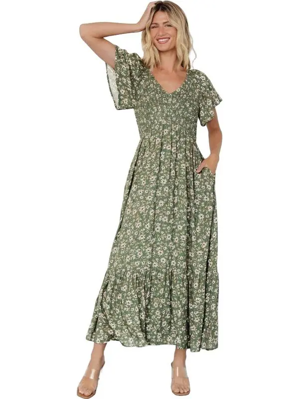 BALTIC BORN Joanie Smocked Maxi Dress - Green Floral