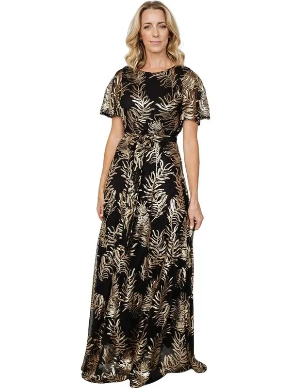 BALTIC BØRN Sequin Leaf Maxi Dress - Black + Gold