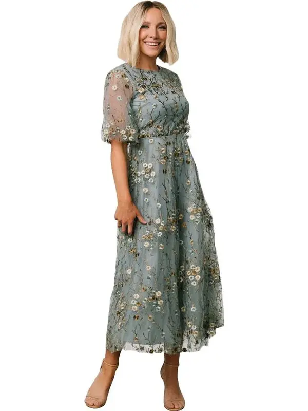 BALTIC BORN Arabella Embroidered Tulle Maxi Dress - Dusty Blue Floral