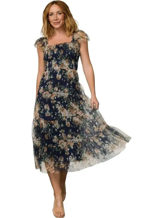BALTIC BORN Clementine Tulle Midi Dress - Blue + Golden Floral