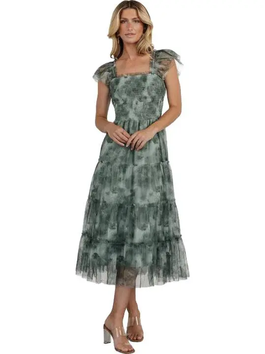 BALTIC BORN Clementine Tulle Midi Dress - Dusty Green Print