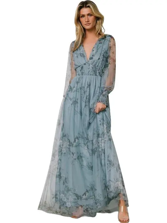 BALTIC BORN Layla Tulle Maxi Dress - Dusty Blue Floral