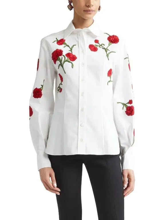 Carolina Herrera Isabella Rose Embroidered Poplin Shirt - White Multi