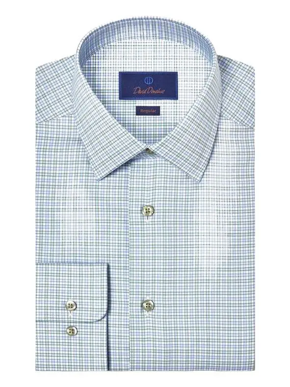 David Donahue Regular Fit Check Cotton Twill Dress Shirt - Blue/green
