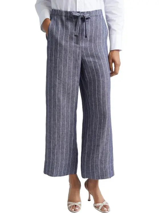 Max Mara Cresta Pinstripe Linen Twill Wide Leg Crop Pants - Ultramarine