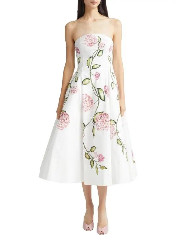 Oscar De La Renta Porcelain Flowers Stretch Cotton Poplin Strapless Dress - Pink/white