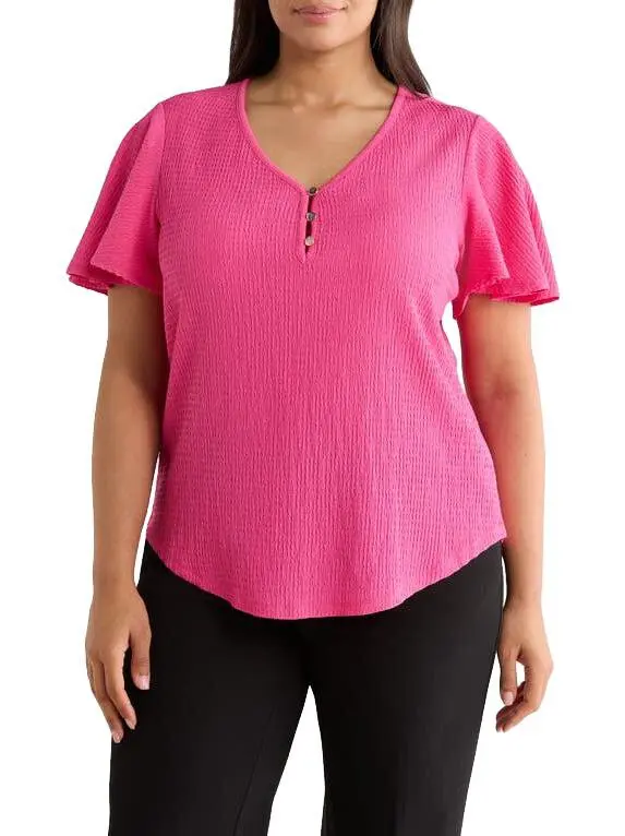 Anne Klein Flutter Sleeve V-neck T-shirt - Pink Berry
