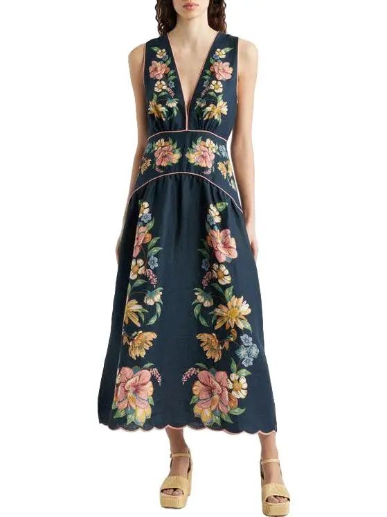 Farm Rio Maria Floral Jacquard Linen Dress - Maira Floral Dark Blue