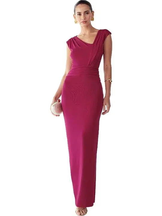BWLDR Form-fitting Maxi Dress With Asymmetric Neckline - Berry
