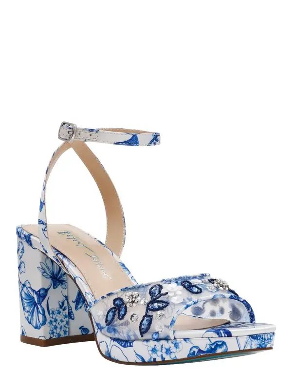 Betsey Johnson Brody Ankle Strap Platform Sandal - White/blue Floral