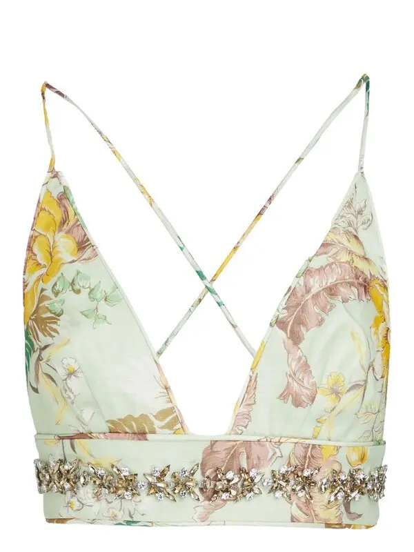 Zimmermann Floral-print Linen And Silk-blend Bra Top - Mint