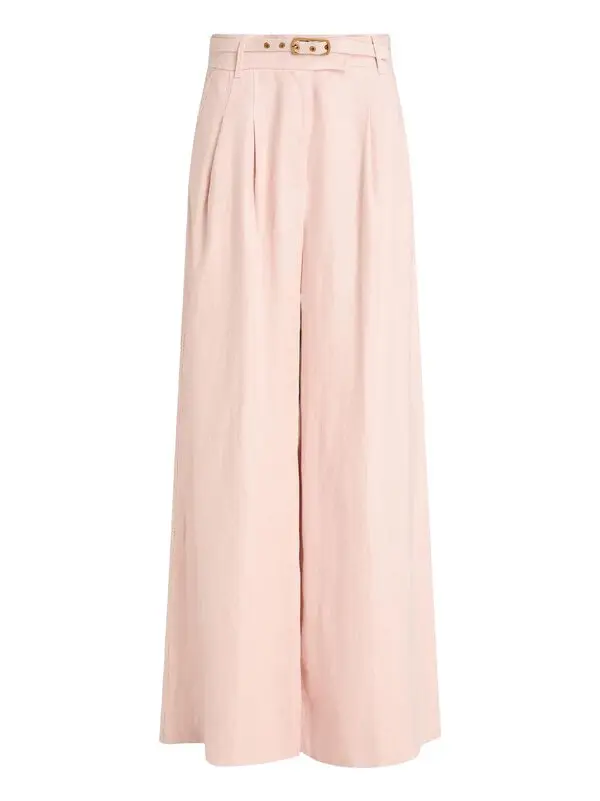 Zimmermann Belted Pleated Wide-leg Linen Pants - Baby Pink