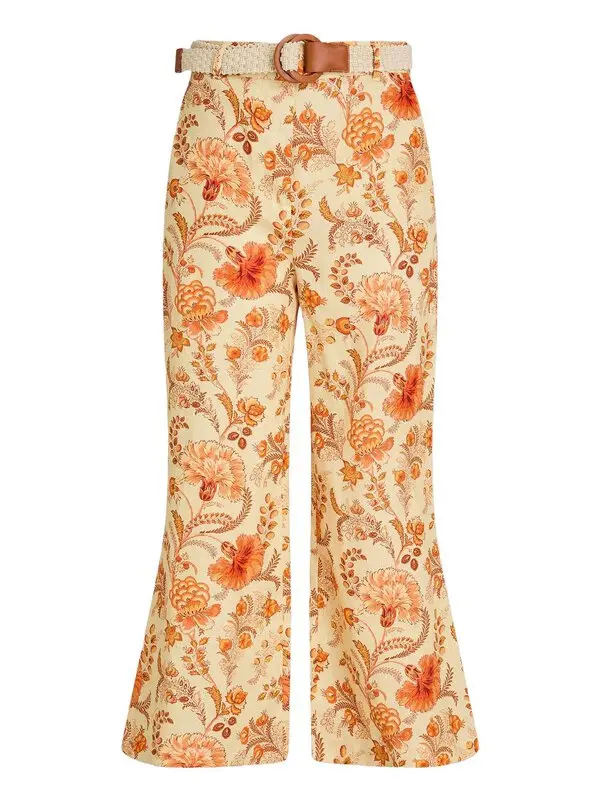 Zimmermann Cropped Belted Floral-print Linen-gauze Flared Pants - Cream