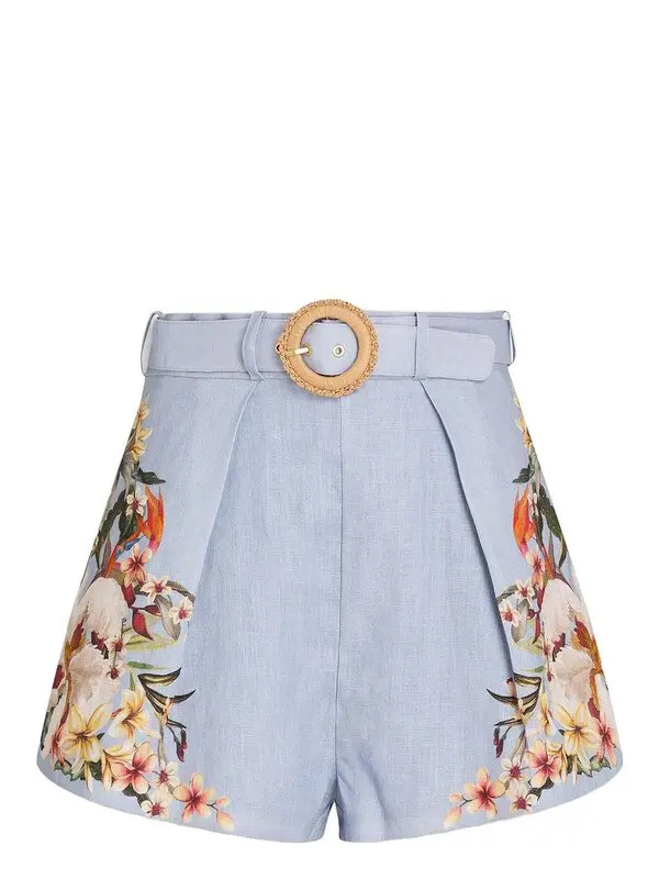 Zimmermann Belted Floral-print Linen Shorts - Light Blue