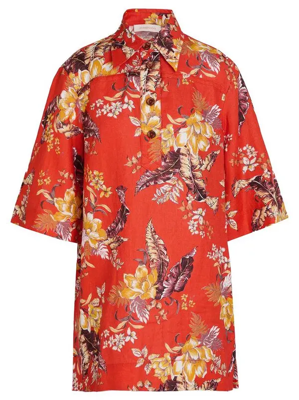 Zimmermann Floral-print Linen Mini Shirt Dress - Tomato Red